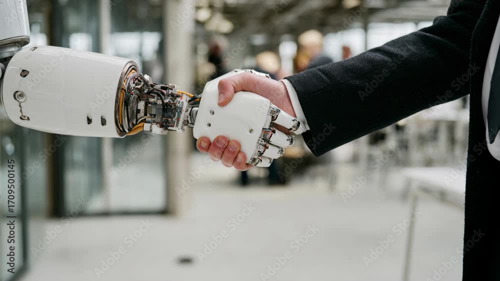 Prosthetic arm and business suit shake hands outdoors, telling a story ...