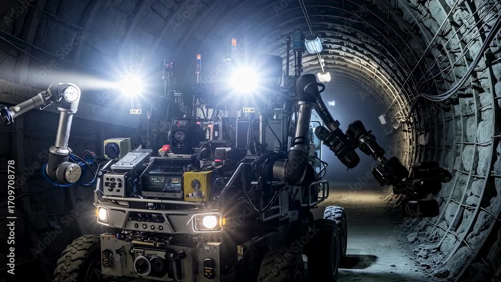 Autonomous robot with advanced sensors exploring a dark, underground ...