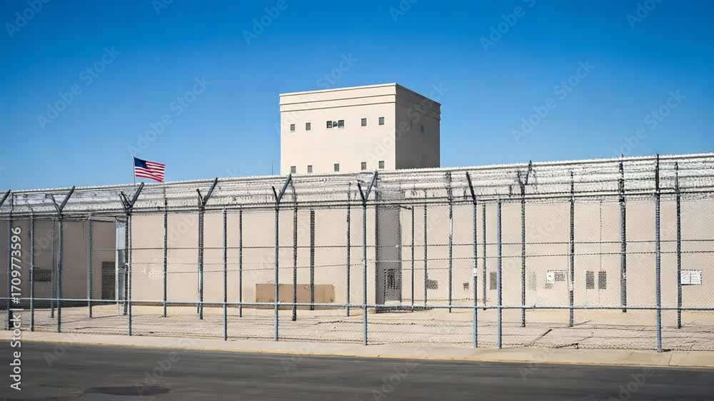Exterior of a modern federal correctional facility with an American ...
