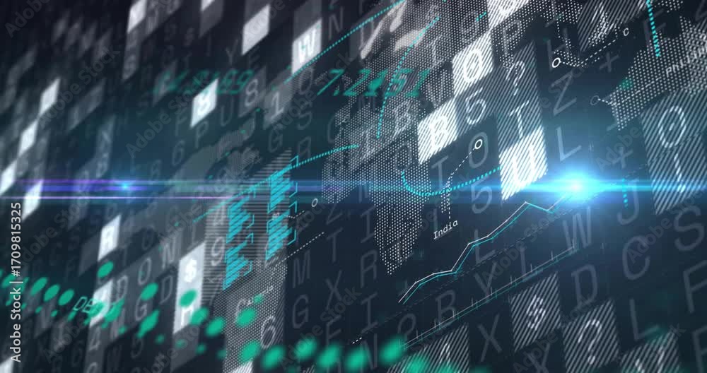 Alphanumeric grid shifting as green dotted trail sweeps maps, graph ...