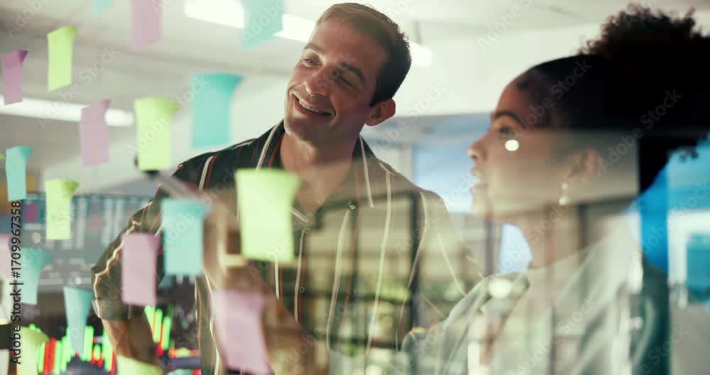 People, team and sticky notes fist pump at work, weather investigation ...