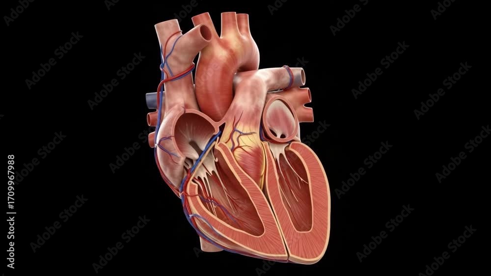 Anatomical illustration of the human heart, showing a cross-section of ...