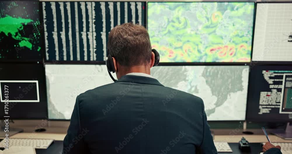 Man, computer and screen with date in control room, monitor weather and ...