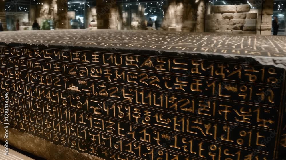 Ancient Egyptian sarcophagus with hieroglyphics in museum exhibit ...