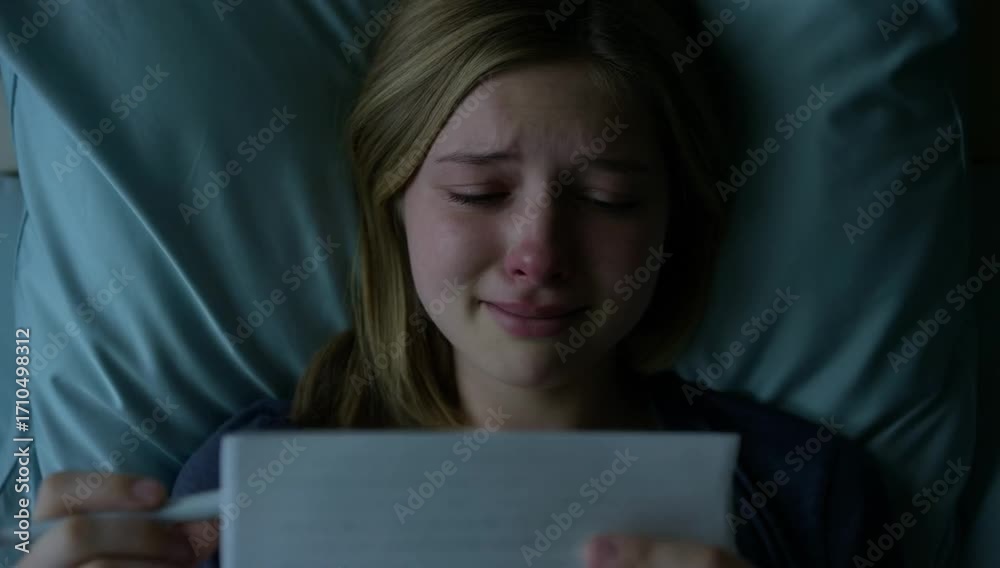 CU of a heartbroken young woman's face with tears welling up in her ...