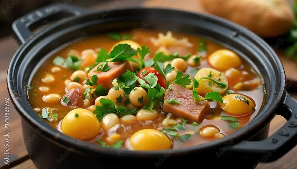 Slovenian jota stew bubbling with sauerkraut, beans, potatoes, and ...