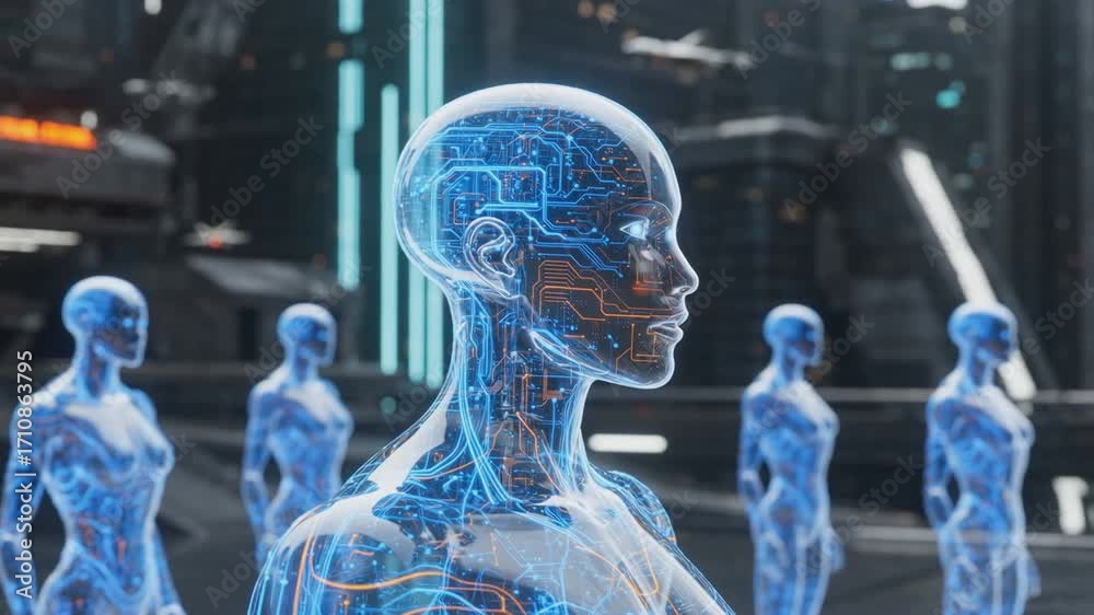 Futuristic humanoid robots with transparent bodies and visible ...