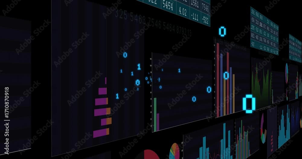 Binary digits rising over stacked bar chart initiating camera sliding ...