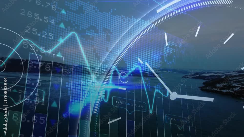 Twilight coast rising launching overlay animating clock arc map neon line chart showing data ...