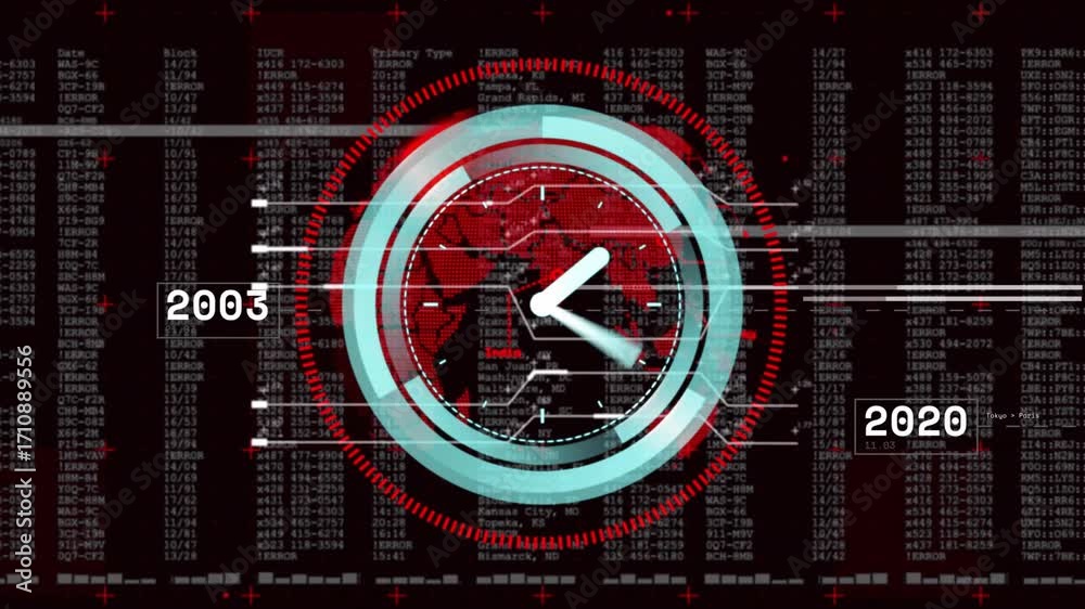 Startup launching clock rotating rings advancing hands, pulsing map and ...