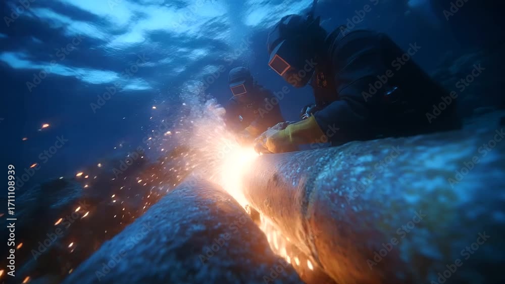 Underwater welding operation with sparks illuminating dark ocean depths ...