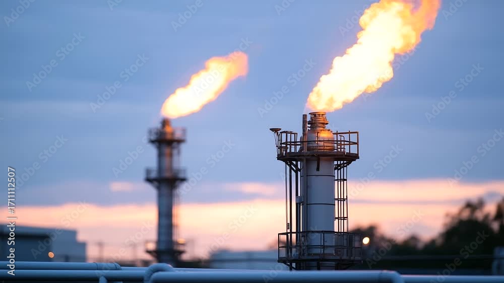 Natural gas processing facility with flare stacks burning excess gases ...