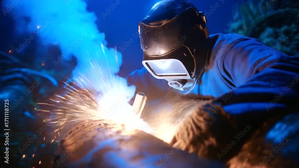 Underwater welding operation with sparks illuminating dark ocean depths ...