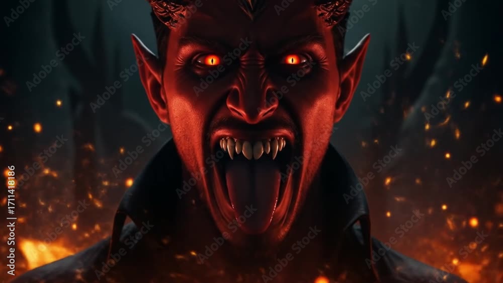 Terrifying Demon Snarling with Sharp Teeth and Long Tongue, Fire ...