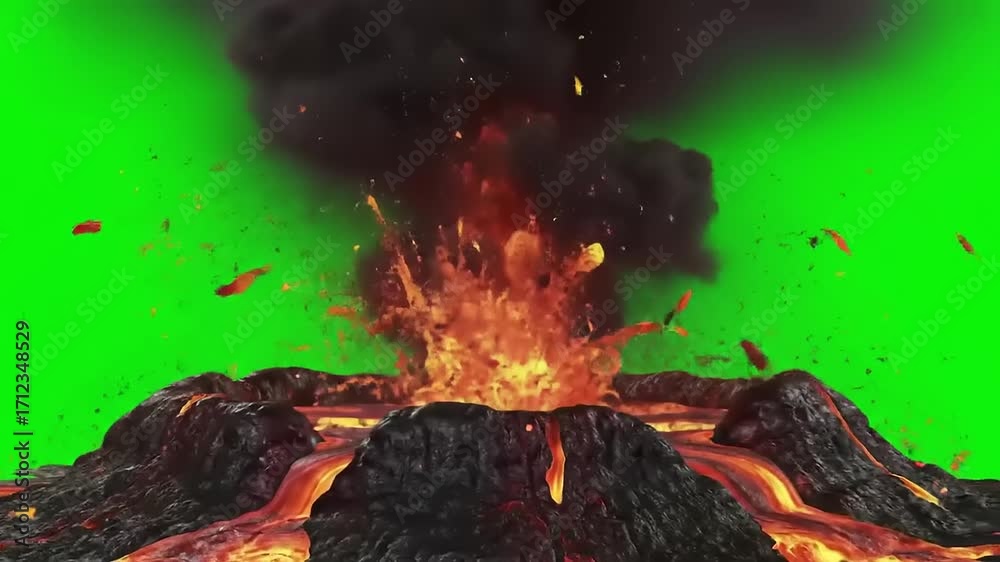 Dynamic volcano erupting with lava flow and smoke against green screen ...