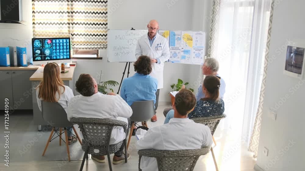 Group doctors and interns in coats attending hospital lecture. Lecturer ...