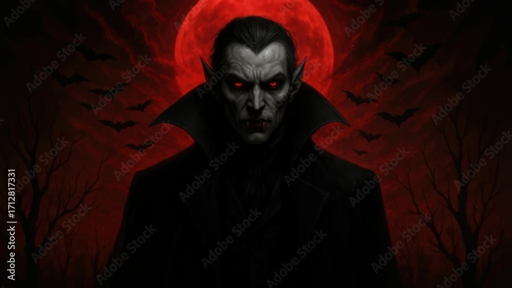 Dramatic low-angle shot of a vampire with glowing red eyes, set against ...