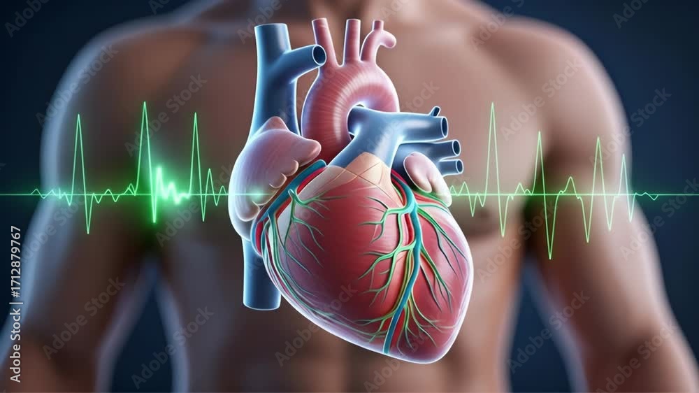 Human heart anatomy with superimposed ECG waveform, illustrating ...