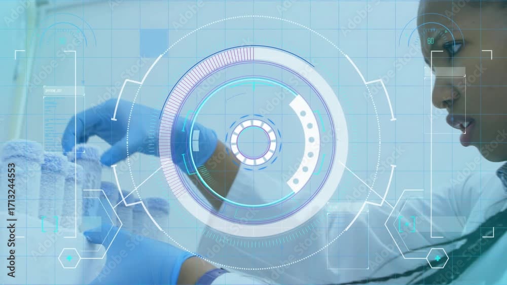 Lab scientist lifting frost-coated vial and activating rotating data ...