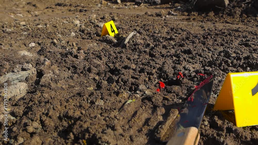 Close up video of a bloody kitchen knife and footprints as evidence on ...