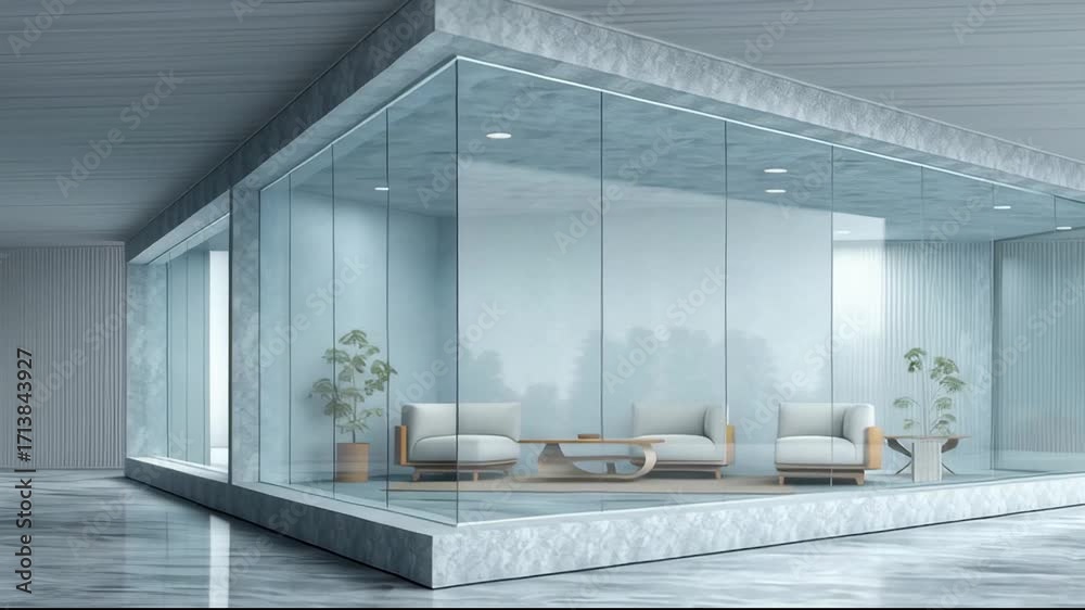 Modern office with glass cubicles and minimalist interior, natural ...