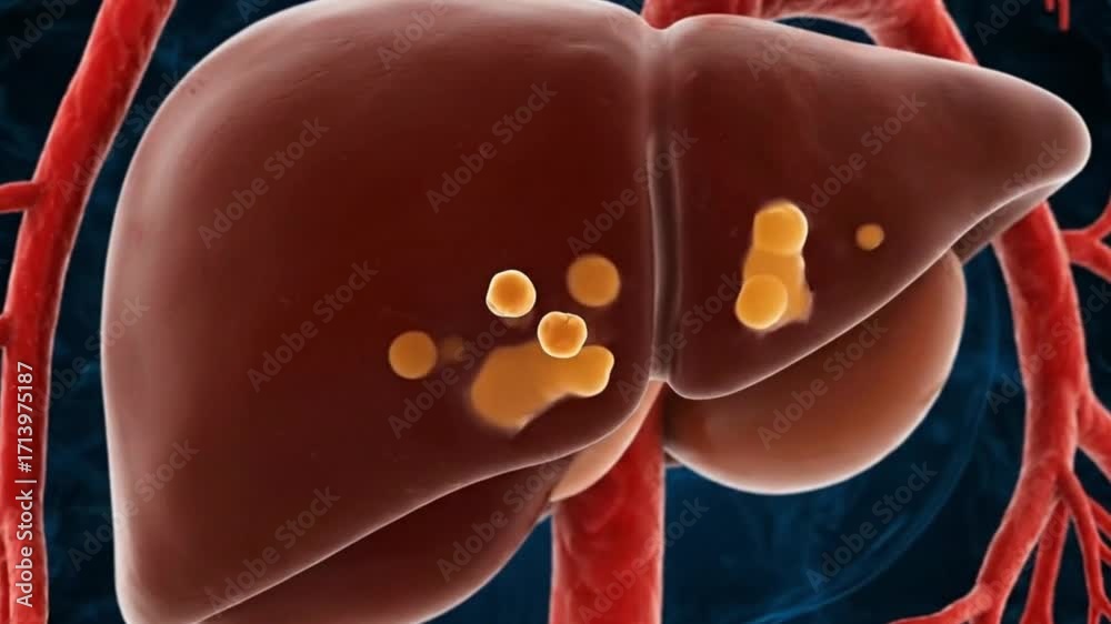 An anatomical depiction of hepatic steatosis where excess fat ...