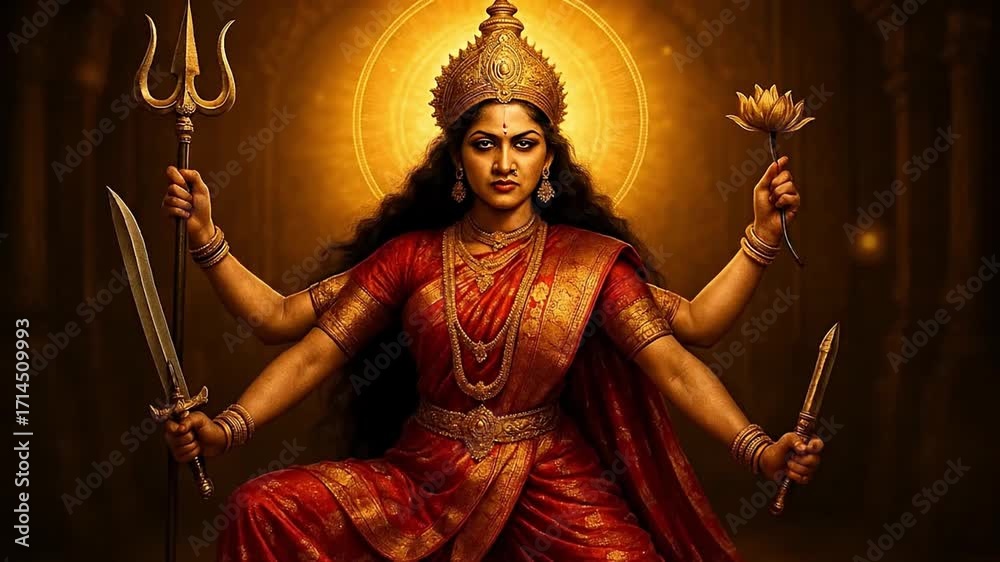 Graceful Maa Durga Powerful Hindu Goddess with Multiple Arms, Trident ...