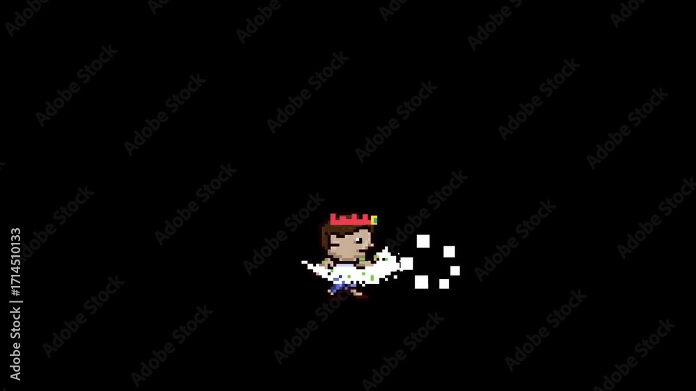 16-bit game animation of a boy walking and defeating enemies on a black ...