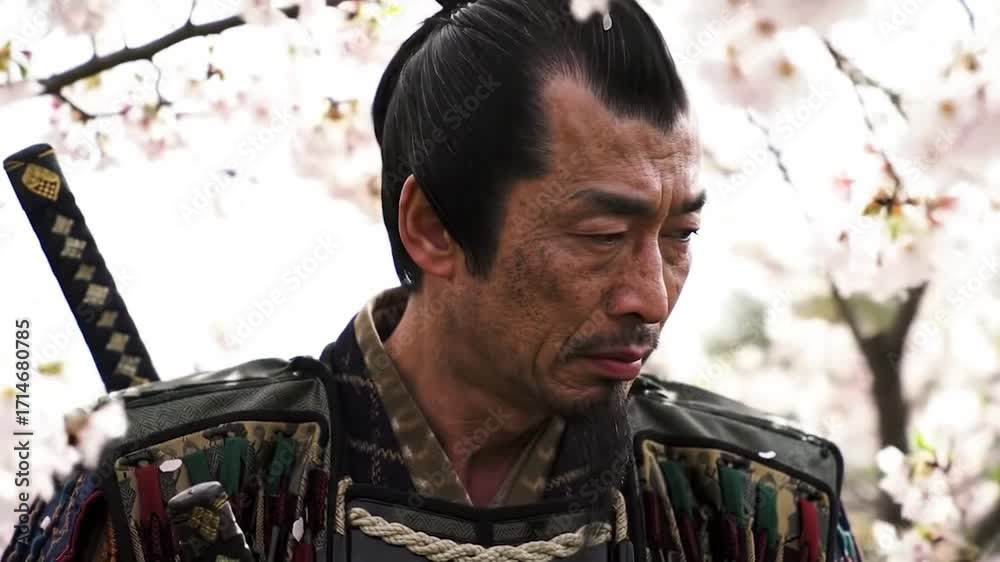 Samurai reflecting amidst falling cherry blossoms Stock Video | Adobe Stock