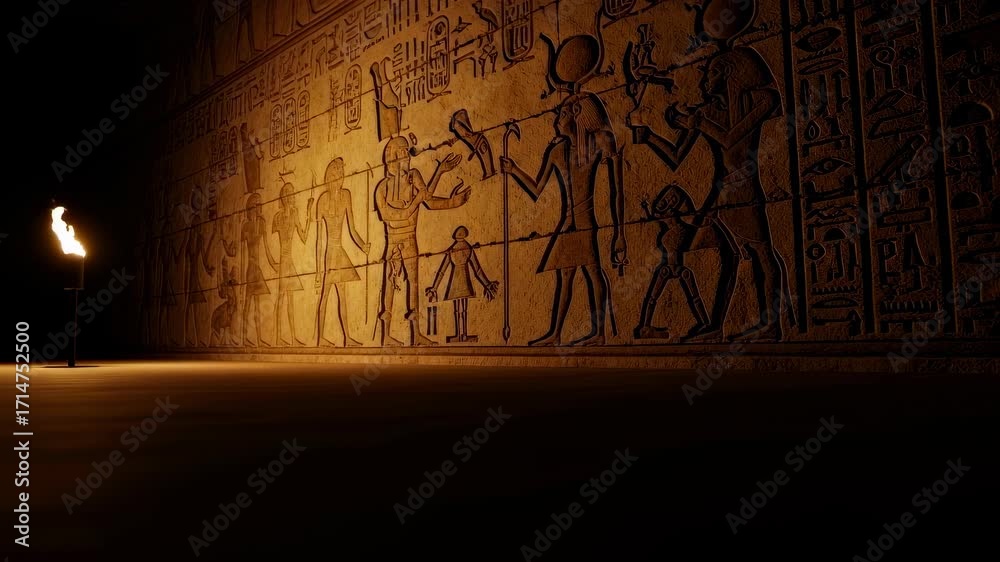 Ancient egyptian wall with hieroglyphs and carvings illuminated by ...