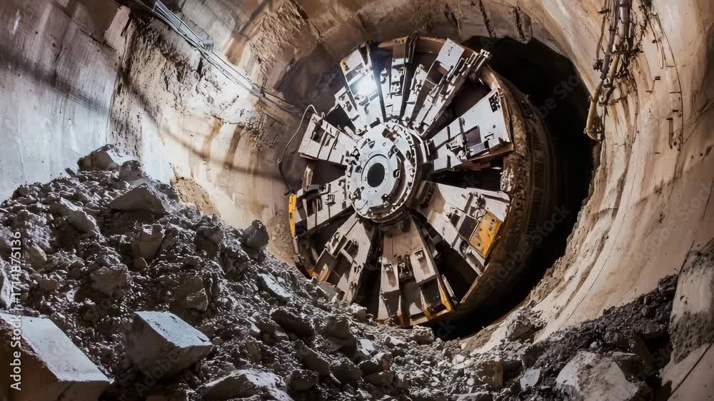 Underground tunnel boring machine drills through rocky ground Stock ...
