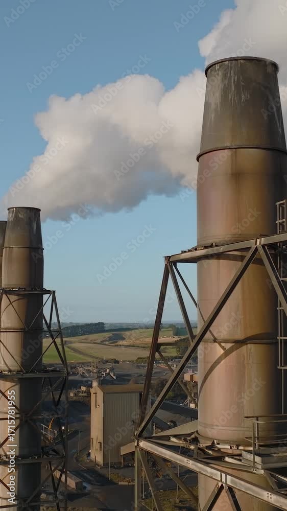 Industrial chimneys release steam into the air at a plant in New ...