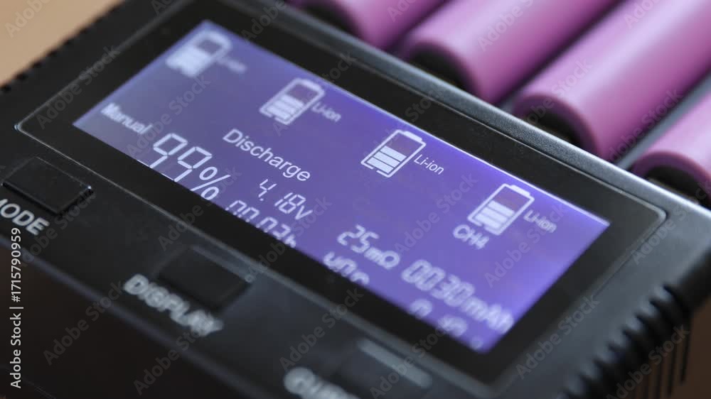 Close-up of electronic charger screen showing discharge process of ...