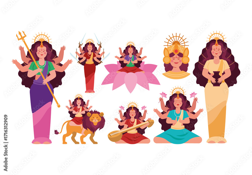 Colorful Navaratri Goddess Durga Hindu Illustration Set Stock Template ...
