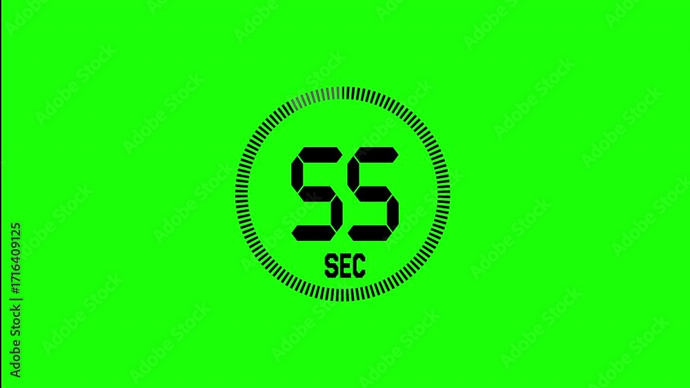 Minimal 60 second countdown timer animation with second text in green ...