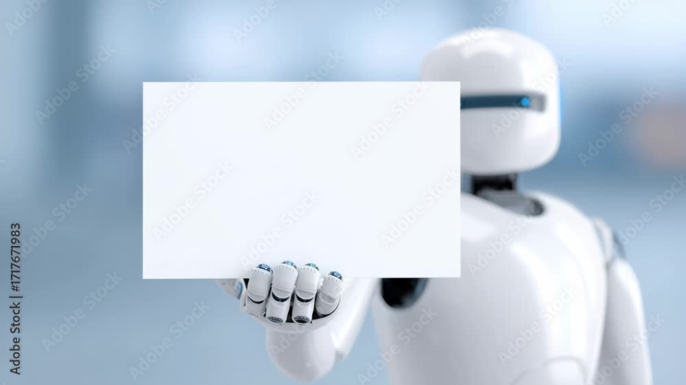 Humanoid robot holding blank white card with futuristic technology ...