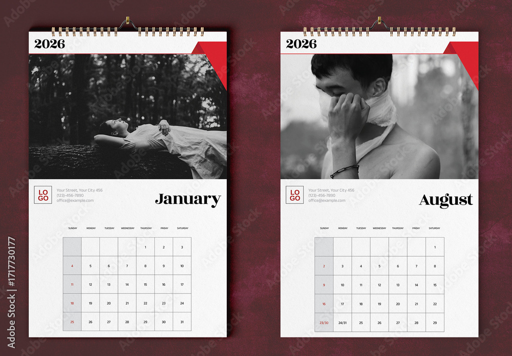 Red Grayscale Lifestyle Tabloid Wall Calendar 2026 Layout Stock ...
