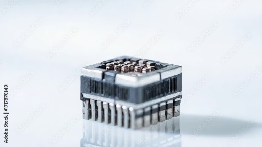 A small square microprocessor (CPU) with many pins around its sides on ...