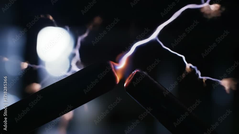 Electric arcs forming between two electrodes, close-up of electrical ...