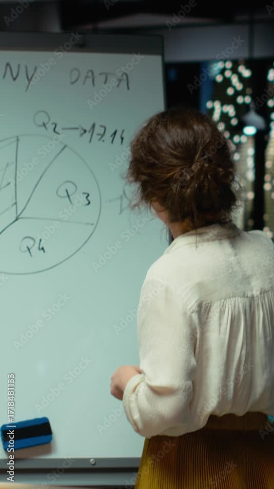 Vertical Video Woman scribbling predictions on white board and checking ...