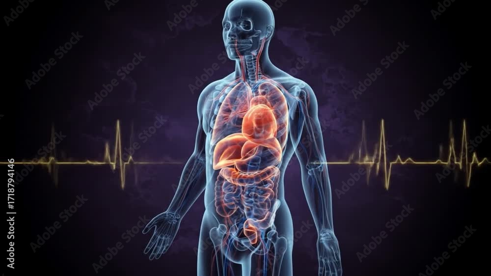 Human Body Anatomy with Internal Organs and Heartbeat EKG. vídeo de ...