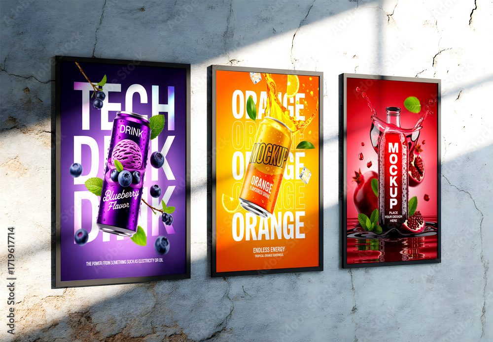 Three Vertical Poster Mockups for Drink Ads Stock Template | Adobe Stock