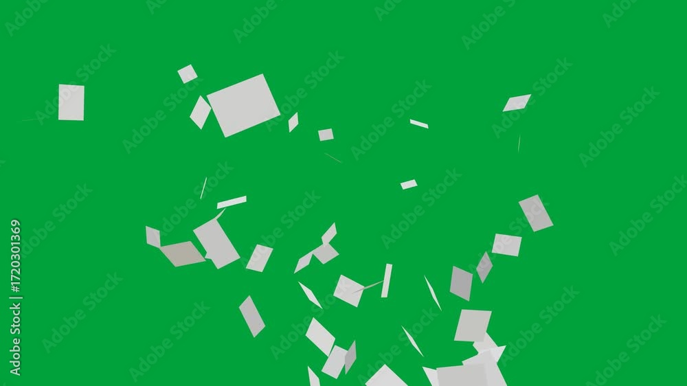 Abstract animation of white papers flying in a tornado on a green ...
