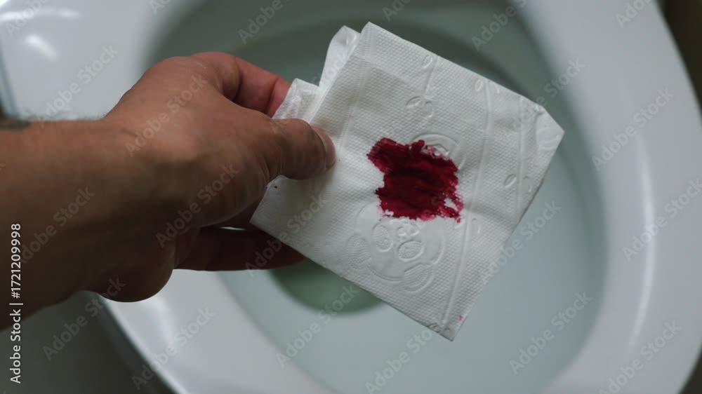 Close-up of blood on toilet paper. Treatment of hemorrhoids in men ...