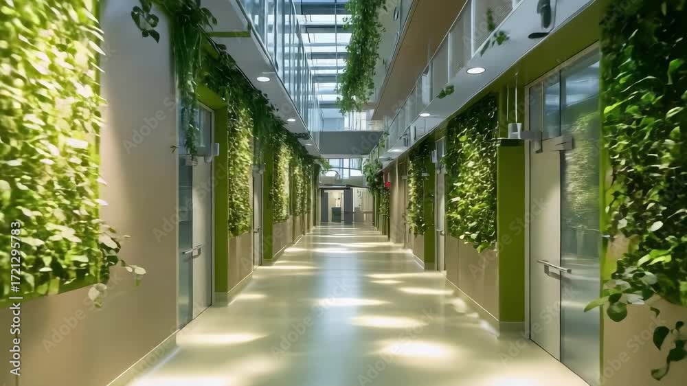 Bright indoor office corridor with glass doors on both sides and ...
