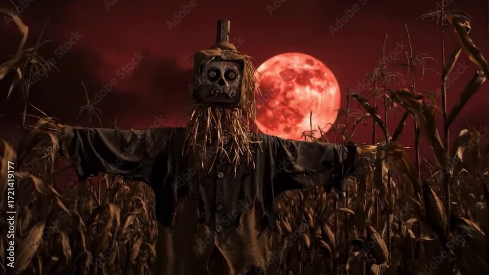 Scarecrow under a blood moon in a spooky cornfield scene for Halloween ...