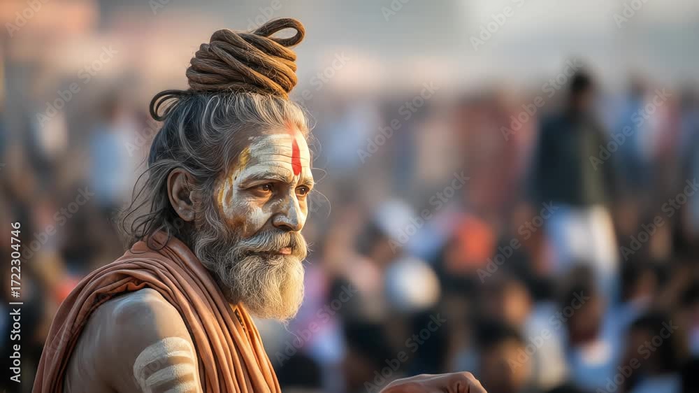A close-up portrait of an Indian holy man, a Sadhu, with a long beard ...