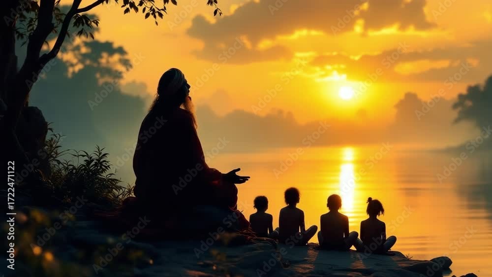 Indian spiritual guru teaching young disciples by the sacred river at ...