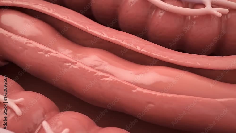 Detailed cross-section of the human digestive system showing intestinal ...
