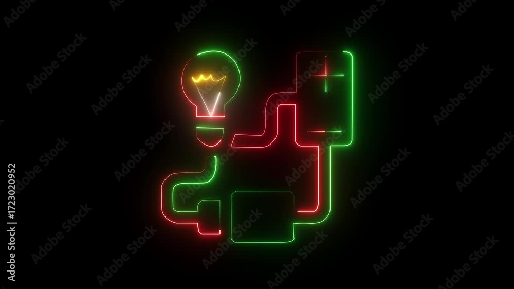 Neon light circuit diagram with glowing light bulb and battery symbol ...